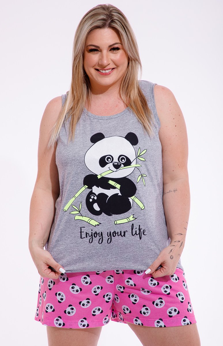 Pijama Feminino Lua Chic Plus Size Regata Panda Enjoy
