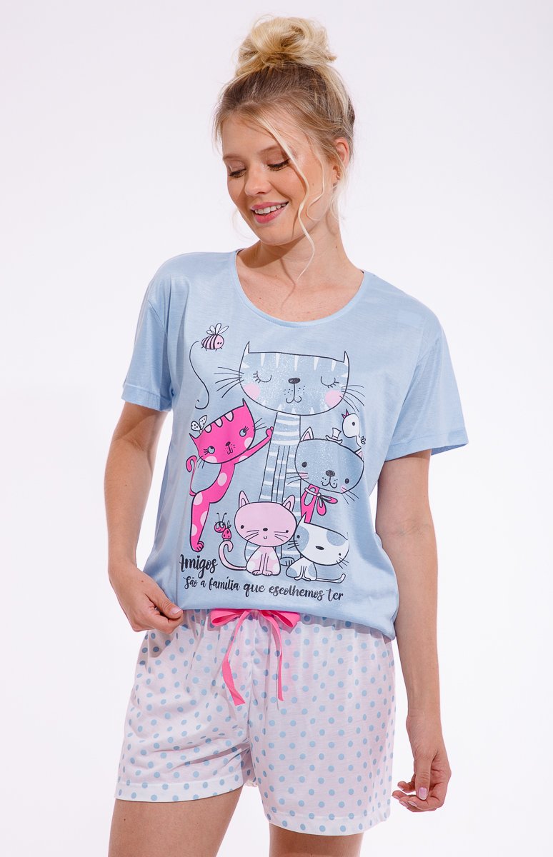 Pijama Feminino Lua Chic Amigos Gatinhos Azul
