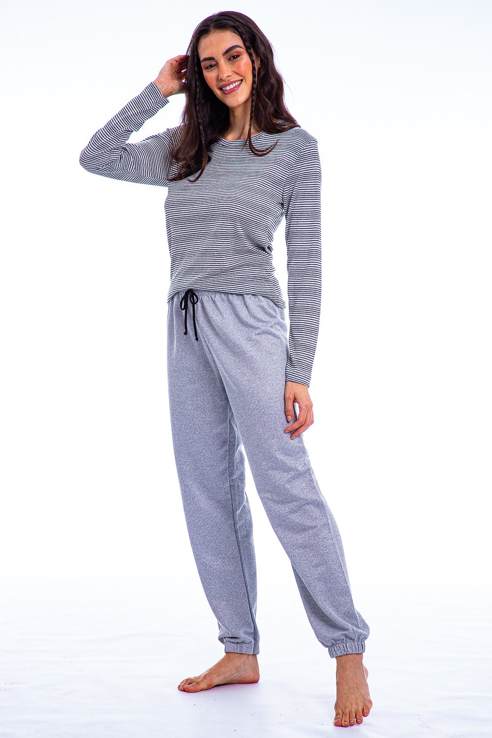 Pijama Feminino Lua Chic Ribana Listrada Calça Moleton