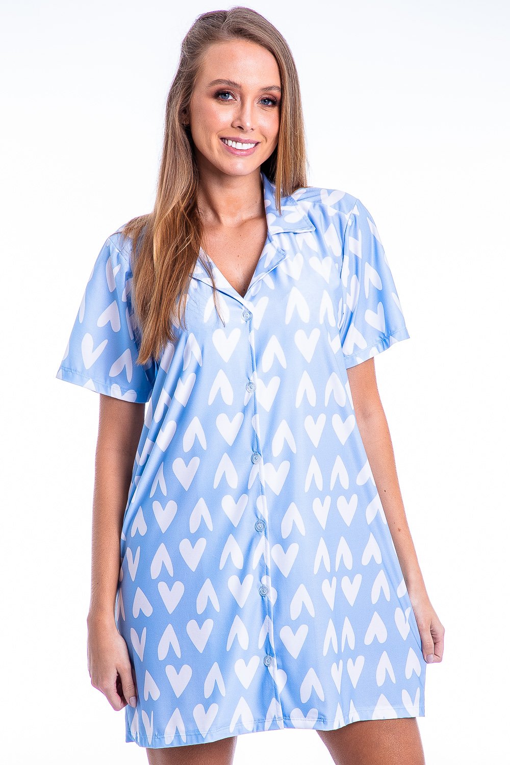 Camisola Lua Chic Azul Corações 100% Algodão