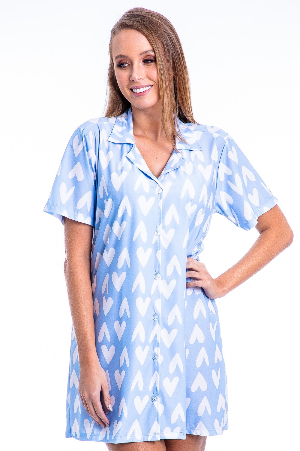 Camisola Lua Chic Azul Corações 100% Algodão